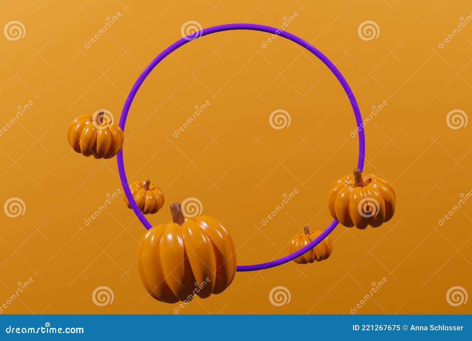 3d Render Flying Purple Ring with Pumpkins on Orange Background Stock ...