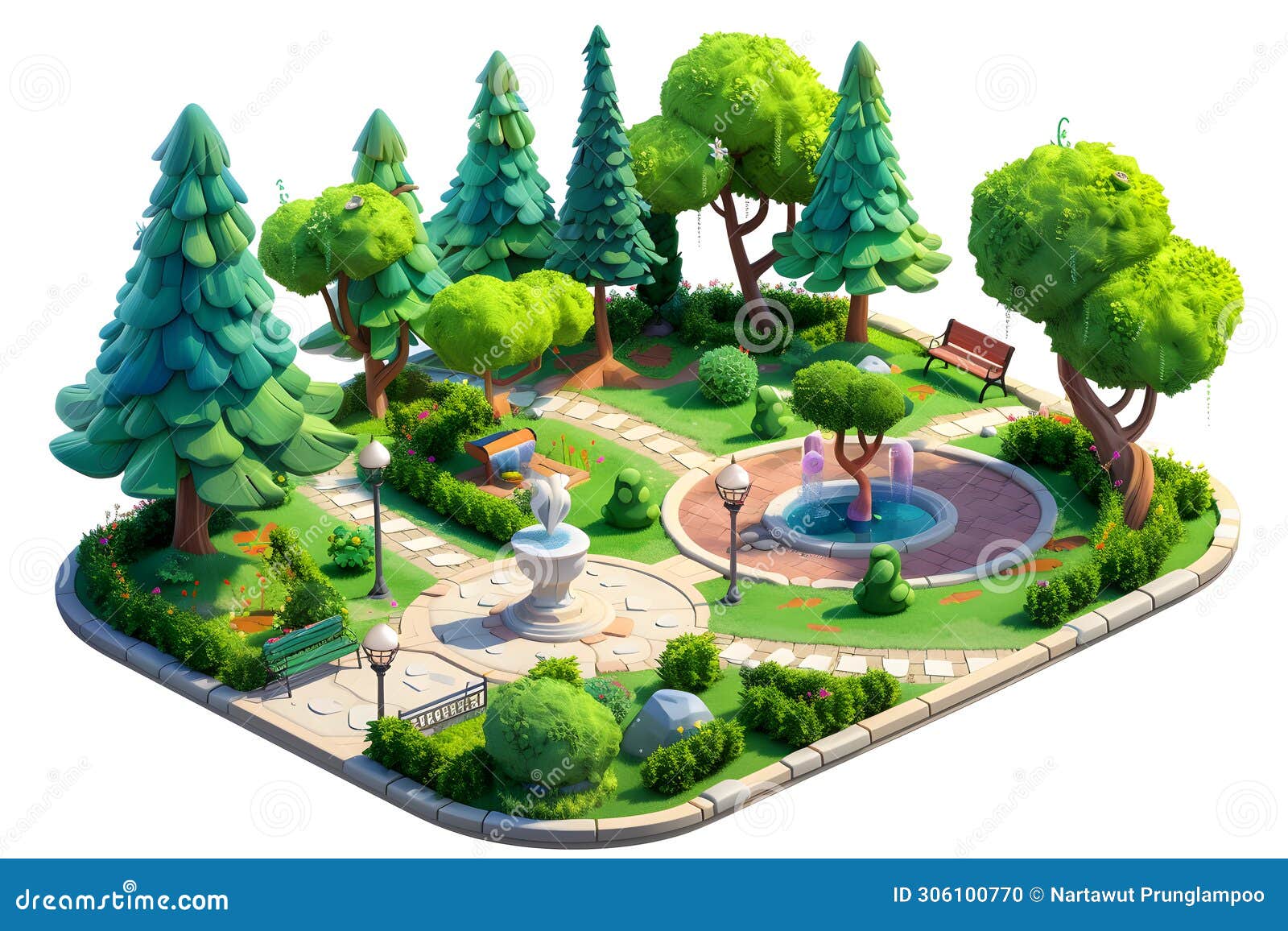 3D Render of a Forest Scene, Rocks, Flowers, Trees, and a Bench Stock ...