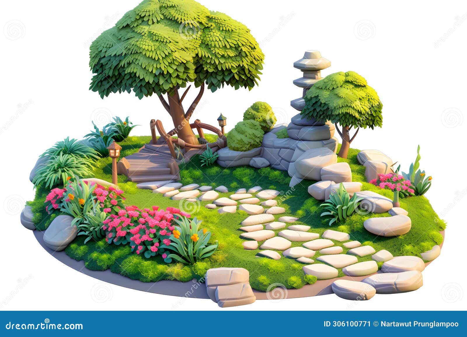3D Render of a Forest Scene, Rocks, Flowers, Trees, and a Bench Stock ...