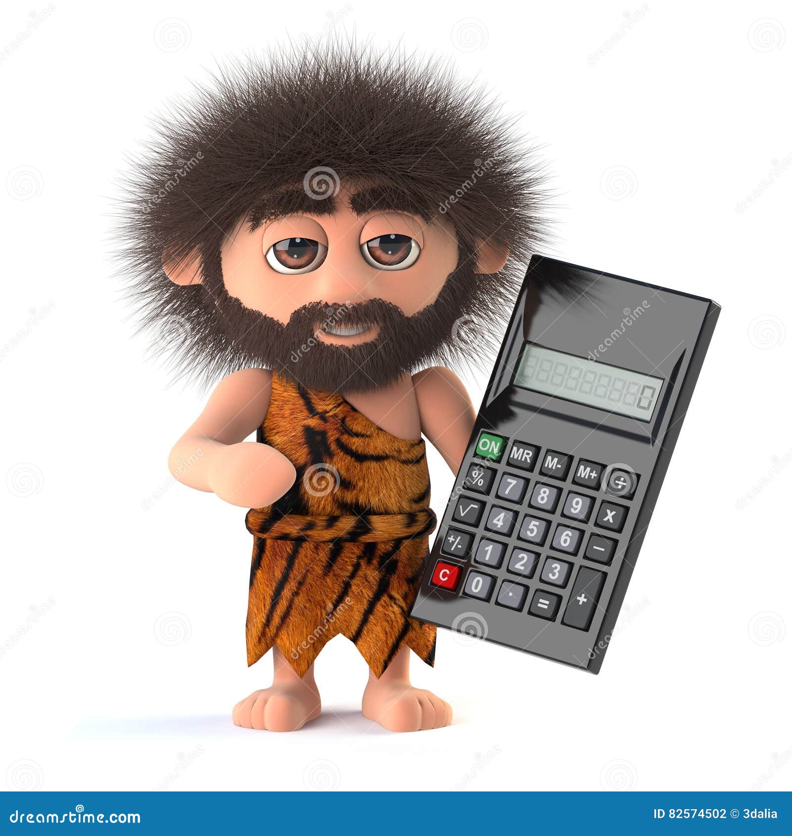 3d Funny Cartoon Caveman Does the Math on a Calculator Stock ...