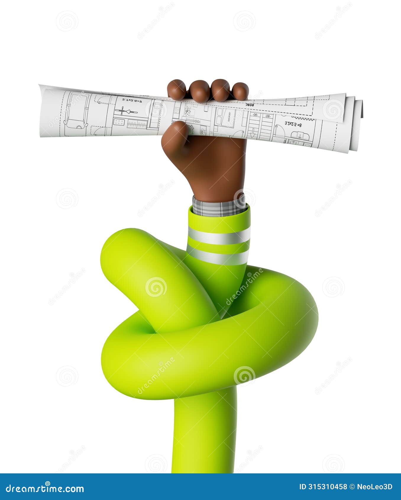 3d Render. Funny Cartoon Flexible Knotted Arm Holds Blueprint Scroll ...