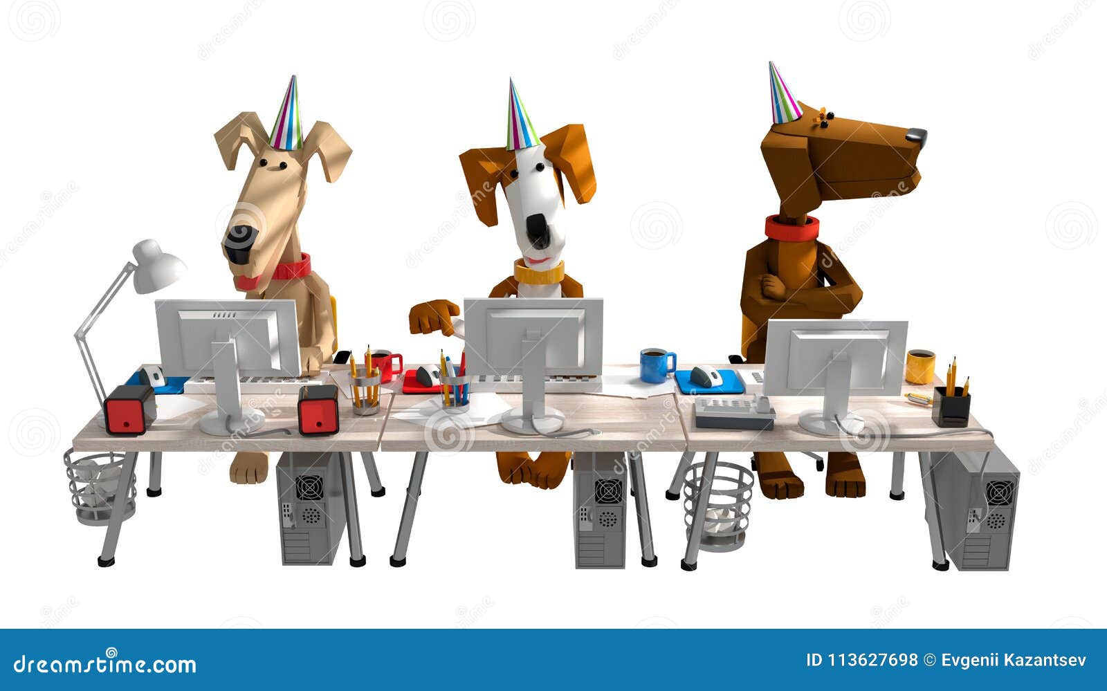 3d Render of Funny Cute Dogs Working in the Office Behind Computers ...
