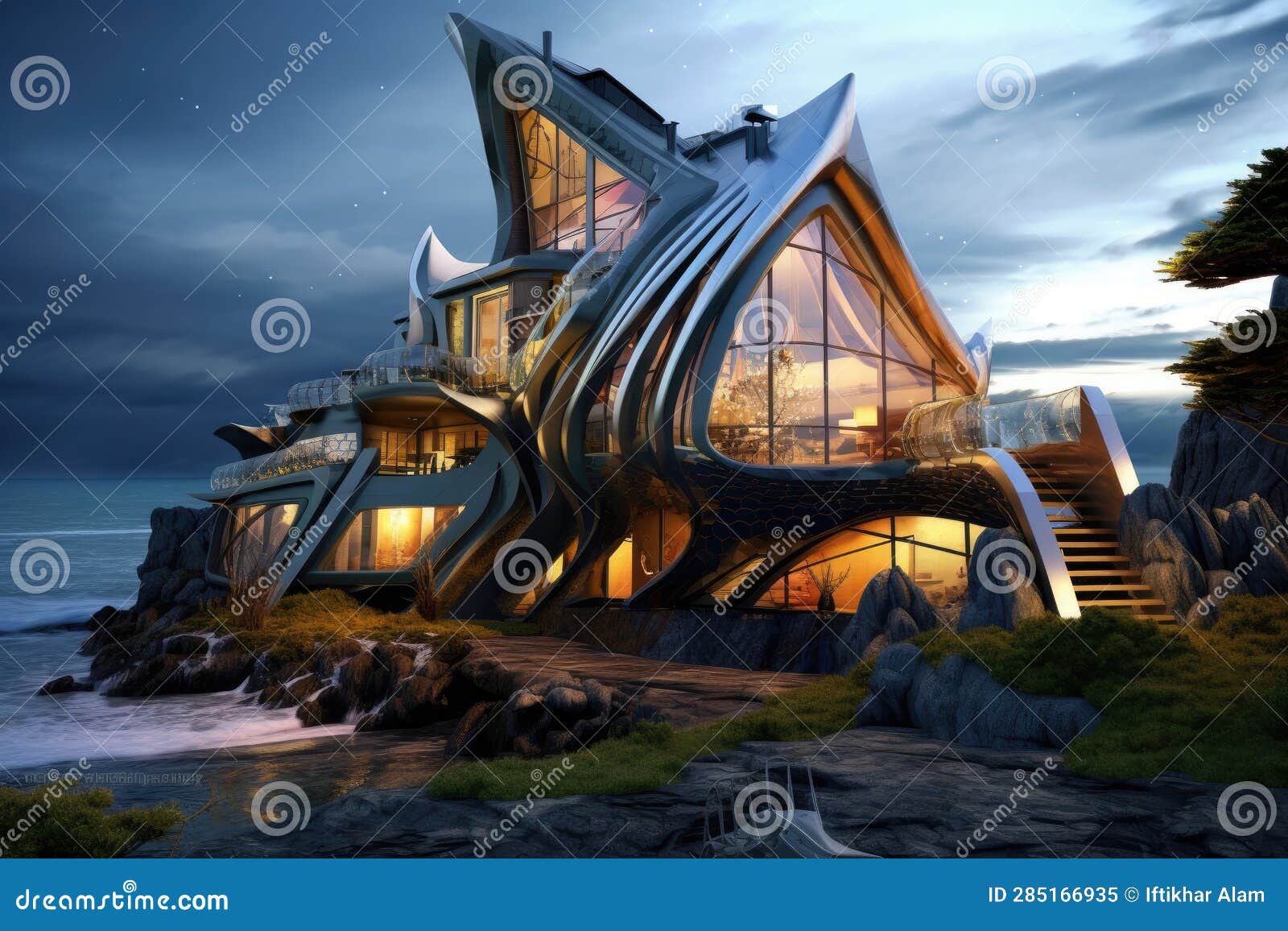 3D Render of a Futuristic House on the Seashore. a Creatively Designed ...