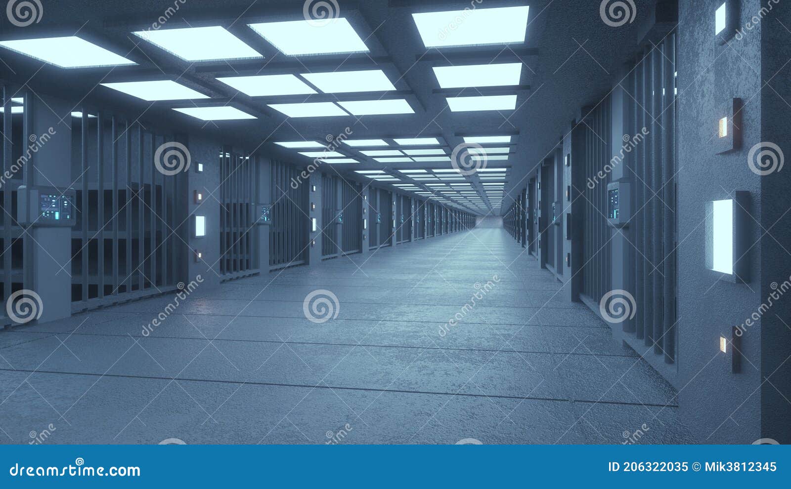 3d Render Futuristic Interior Jail Stock Illustration - Illustration of ...