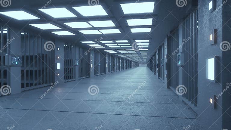 3d Render Futuristic Interior Jail Stock Illustration - Illustration of ...