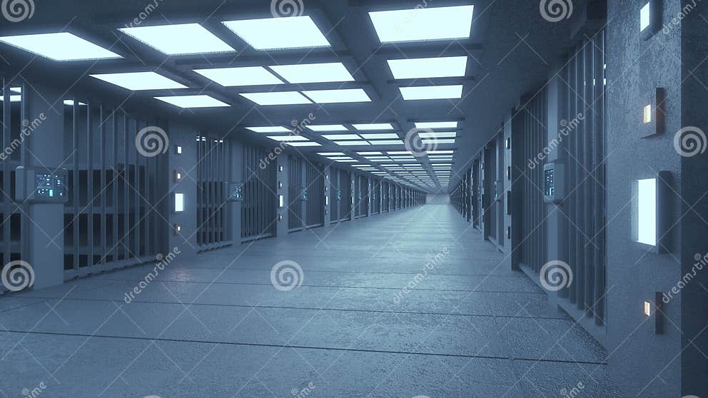 3d Render Futuristic Interior Jail Stock Illustration - Illustration of ...