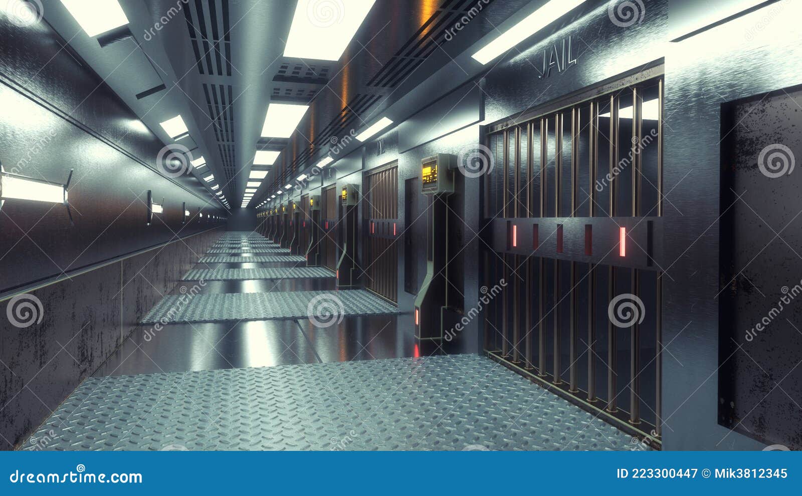 3d Render Futuristic Interior Jail Stock Illustration - Illustration of ...