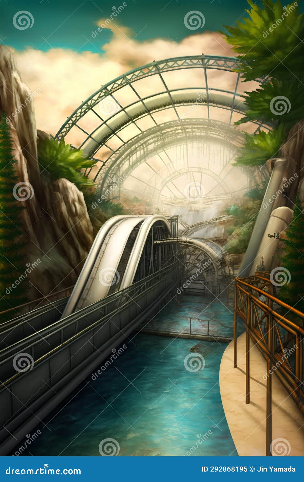 3D Render of a Futuristic Landscape with a Bridge Over the River Stock ...