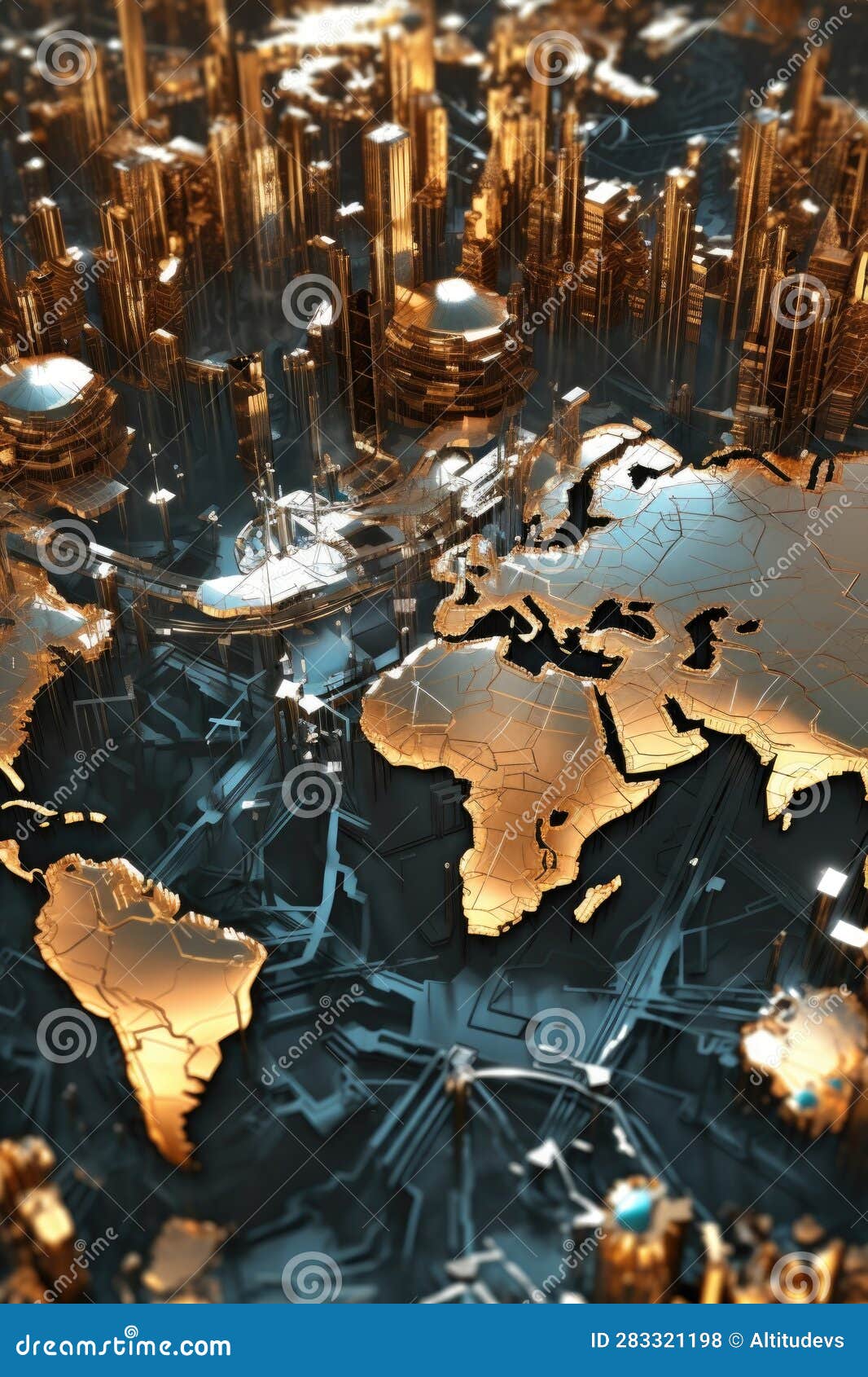 3d Render of a Futuristic Metallic World Map Stock Illustration ...