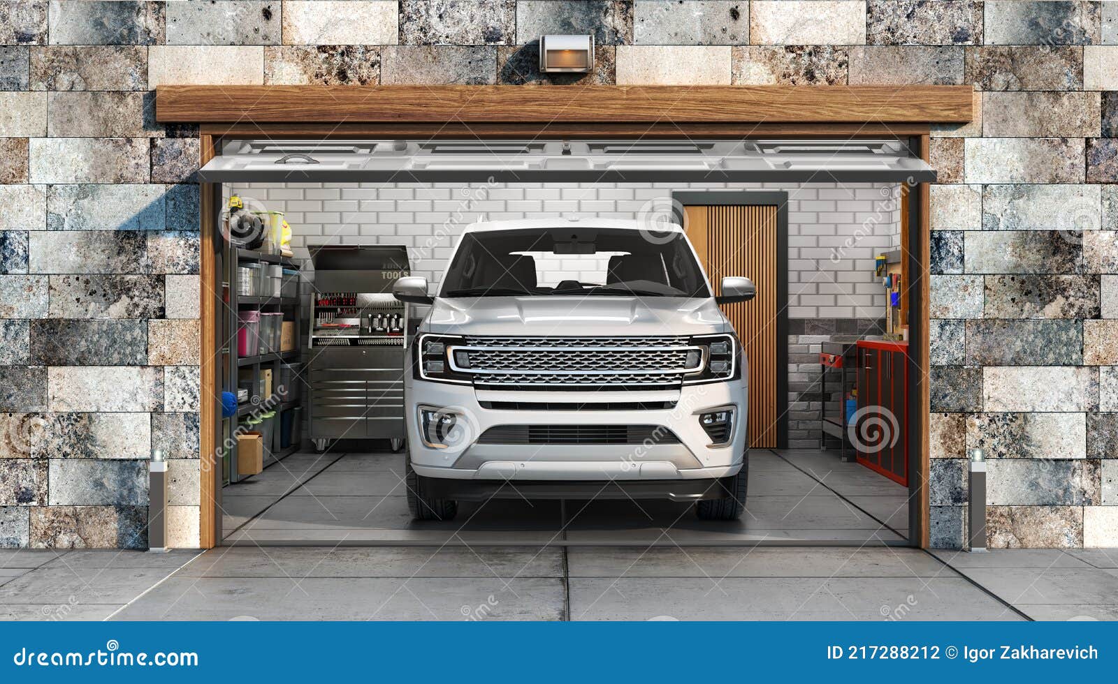 3d Render of Garage Interior with Open Door and Car in Front. Stock ...