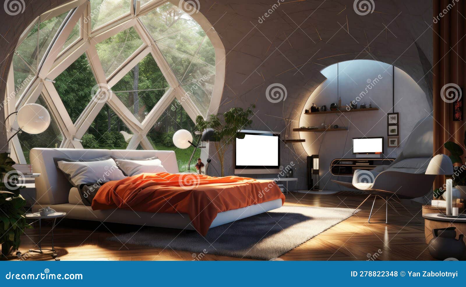 3D Render Geodesic Sphere Home with Futuristic Interior Design ...