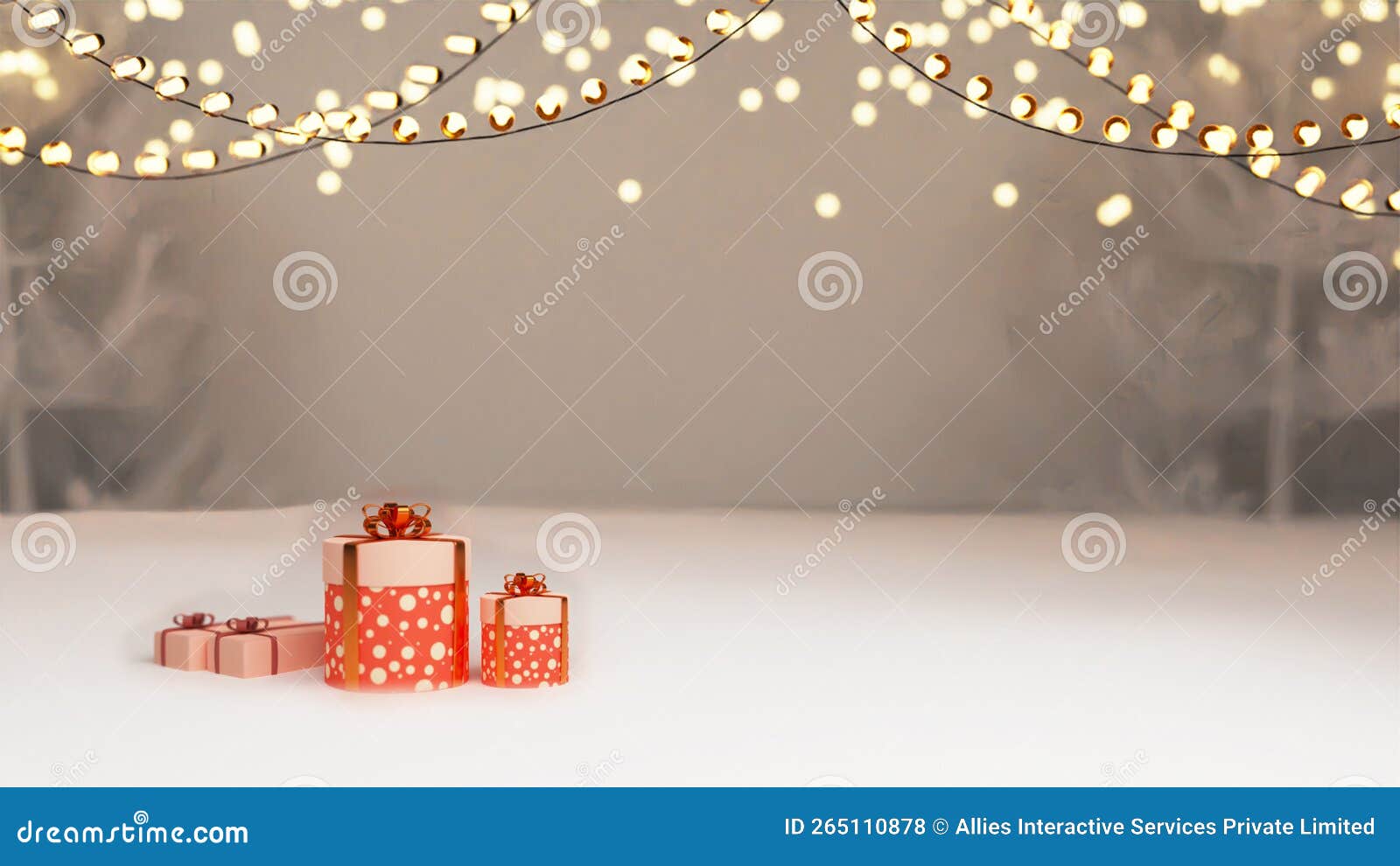 3D Render of Gift Boxes with Lighting Garland Decorated on Gray and ...