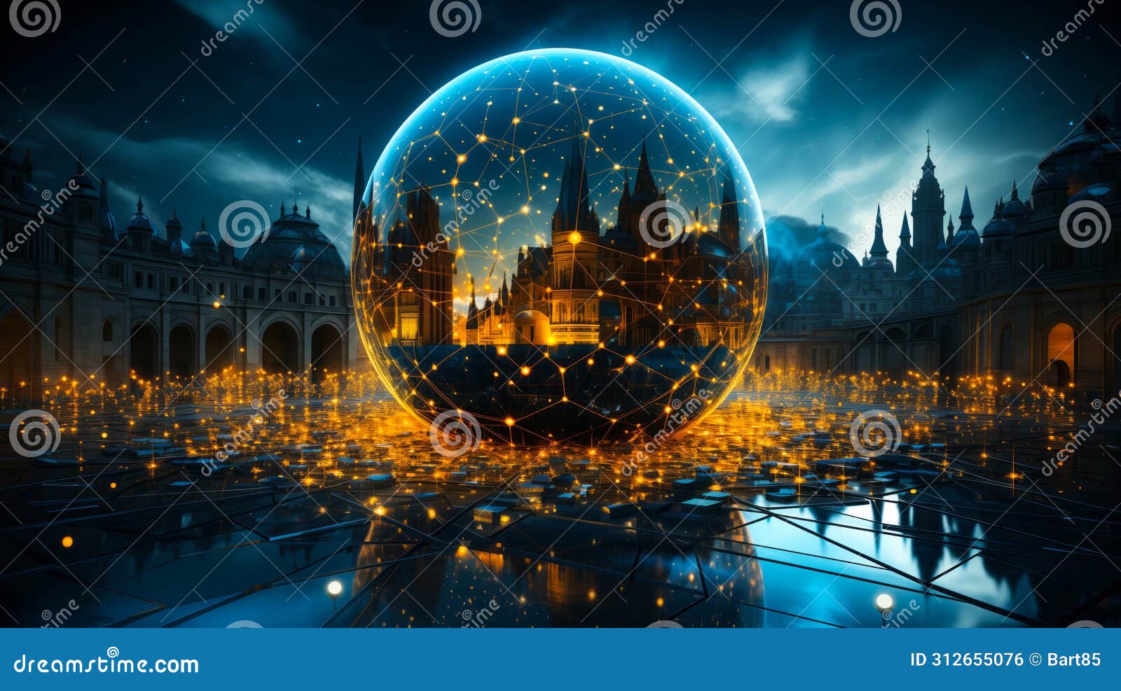 3D Render of Global Digital Transformation with Futuristic Landmarks ...