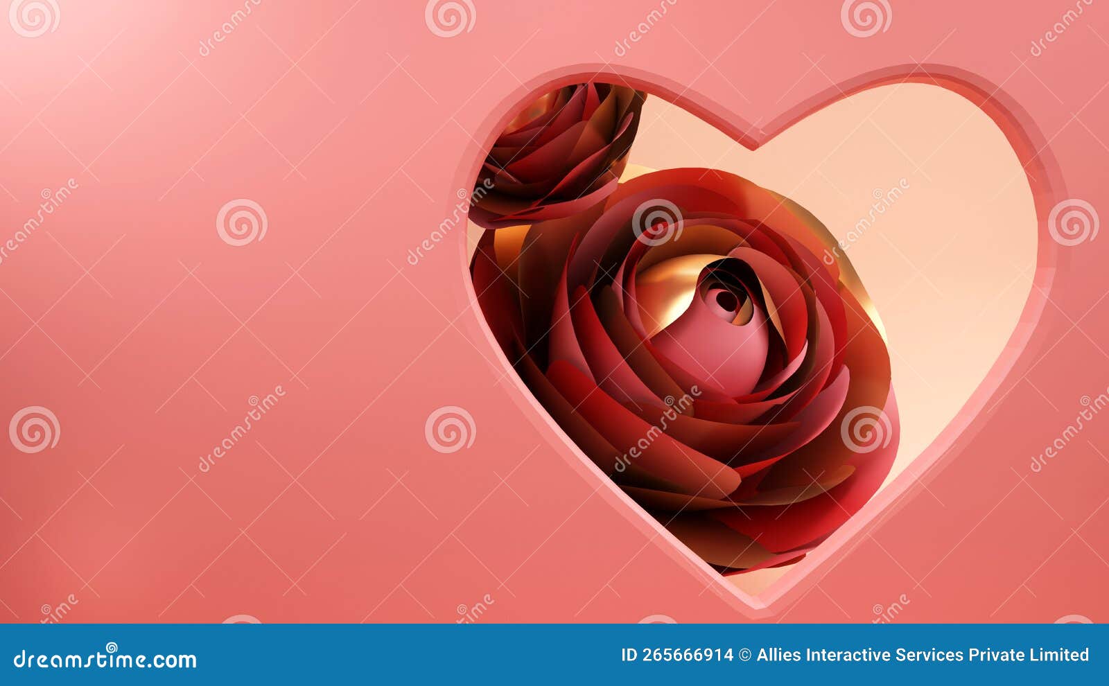 3D Render Glossy Light Red Heart Shape Frame Background with Rose ...