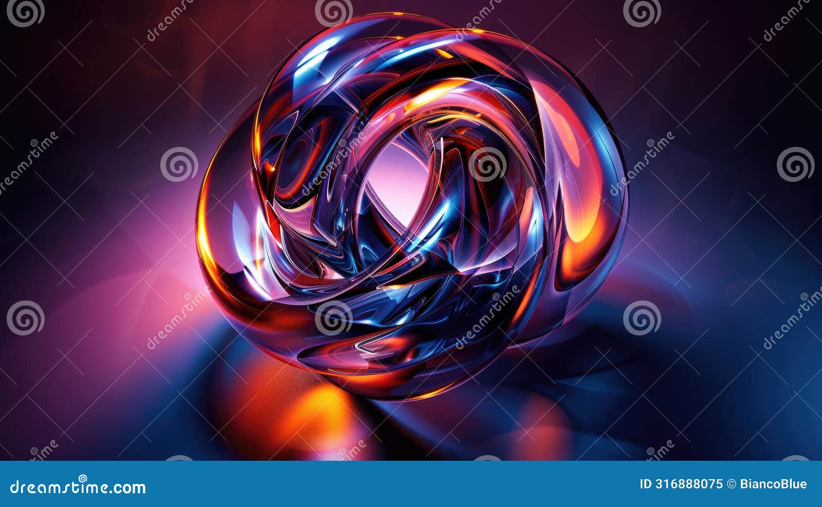 3D Render of a Glowing Blue and Purple Torus Knot on a Reflective Surface with Volumetric ...