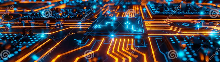 3D Render - Glowing Circuit Board with Orange and Blue Lines Stock ...