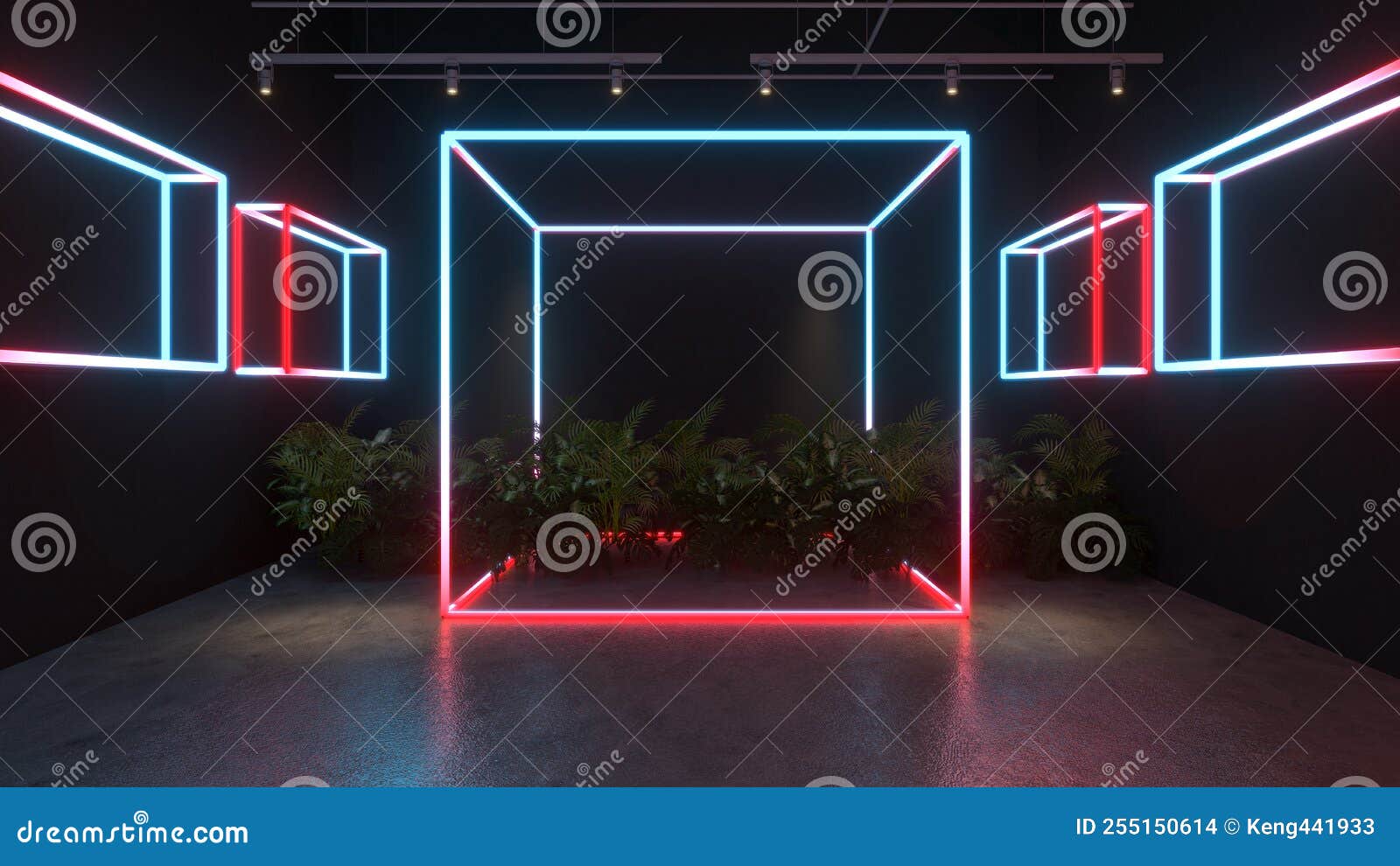 3D Render Glowing Neon Lighting on Floor Reflection for Future Premium ...