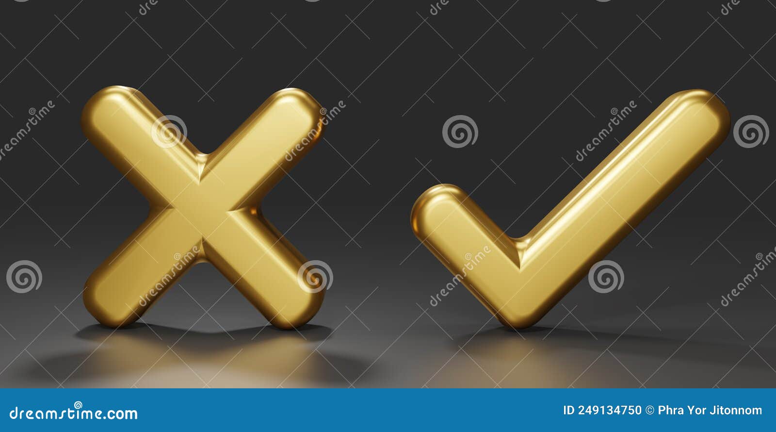 3D Render Gold Checkmark And X Mark Icon Set On Black Background ... 3D Render Gold Checkmark And X Mark Icon Set On Black Background ...