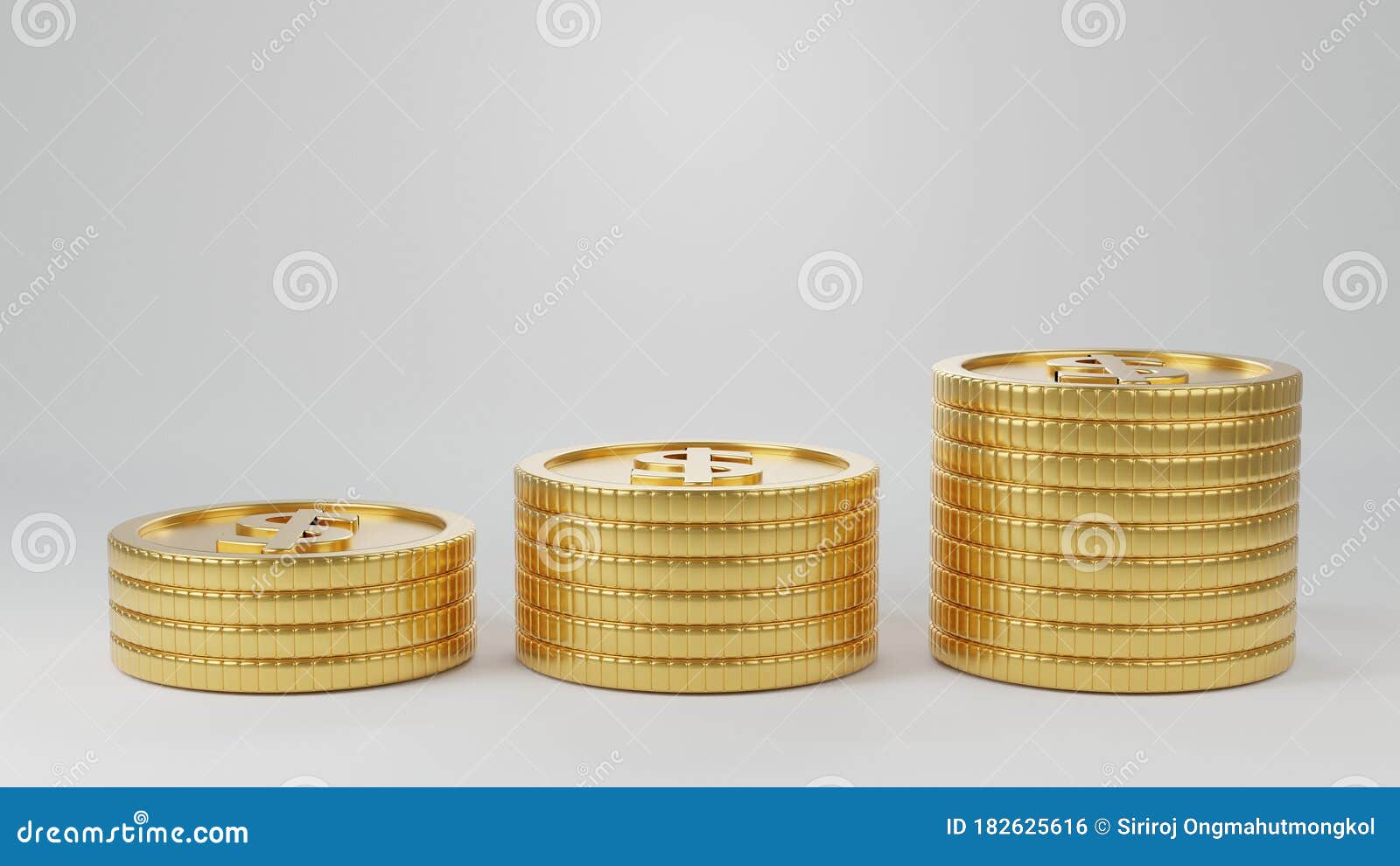 3D Render. Gold Coins Lined Up or Stack at Different Heights. There is ...