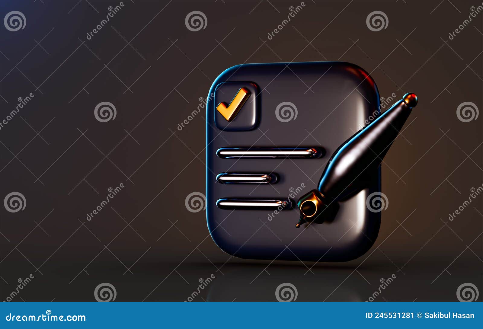 3d Render Gold Metallic Document Write Check Mark Icon on Dark ...
