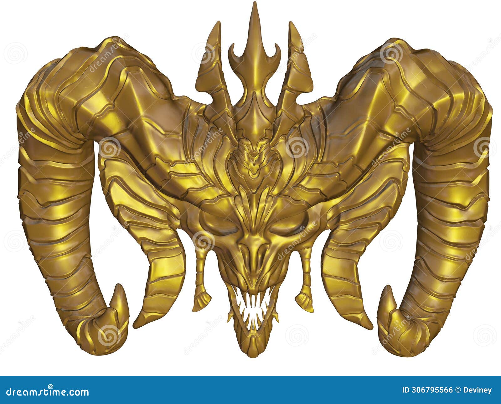3D Render Of Gold Plated Demon Monster With Horns And Teeth Stock ...