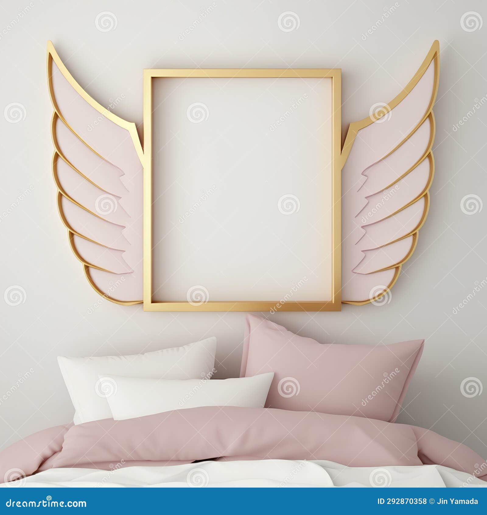 3d Render of Golden Frame with Angel Wings on the Bed. Stock ...