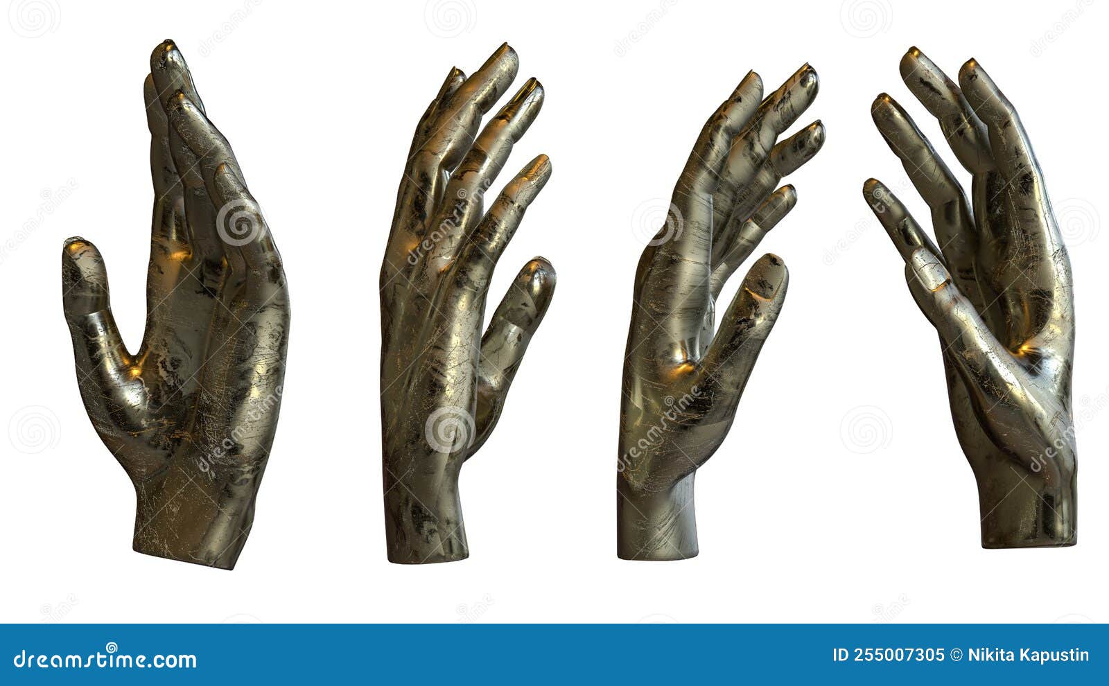 3d Render of Golden Metallic Hand Pose or Gesture from Different Angles ...