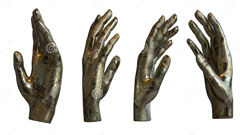 3d Render of Golden Metallic Hand Pose or Gesture from Different Angles ...