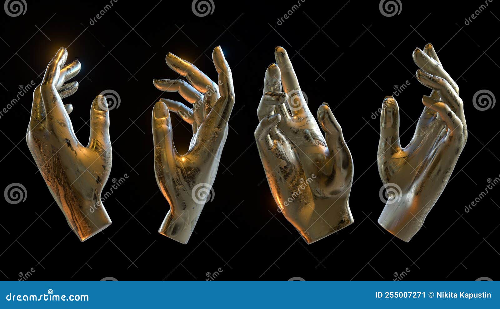 3d Render of Golden Metallic Hand Pose or Gesture from Different Angles ...