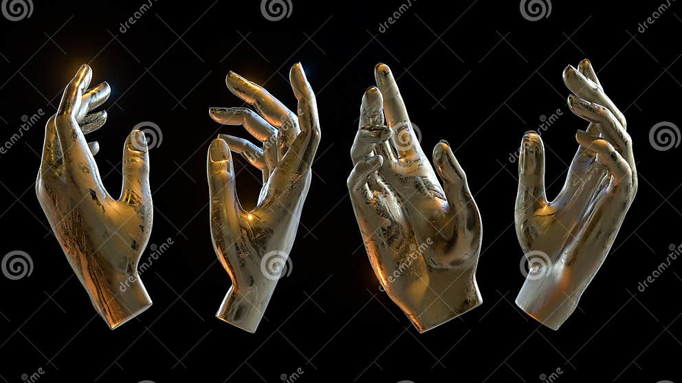 3d Render of Golden Metallic Hand Pose or Gesture from Different Angles ...