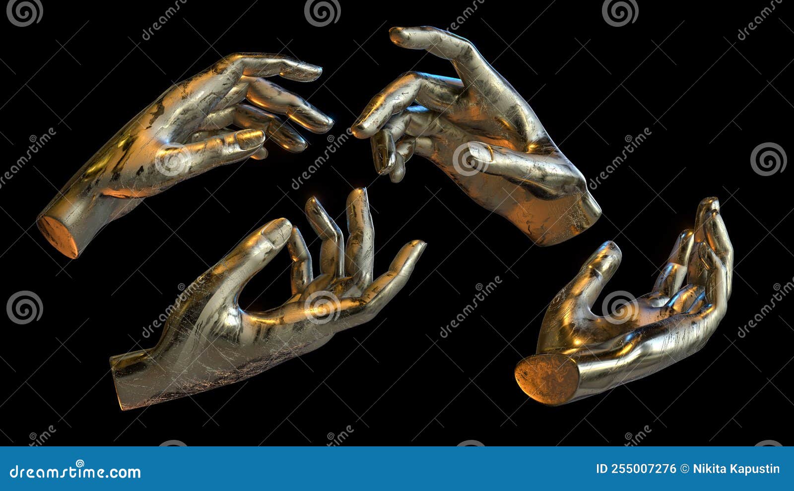 3d Render of Golden Metallic Hand Pose or Gesture from Different Angles ...