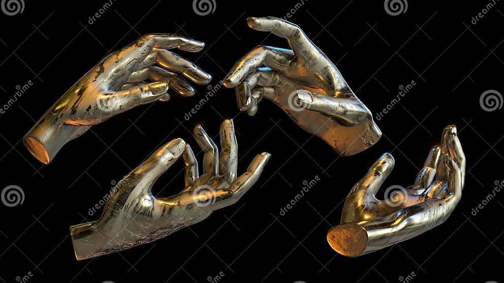 3d Render of Golden Metallic Hand Pose or Gesture from Different Angles ...