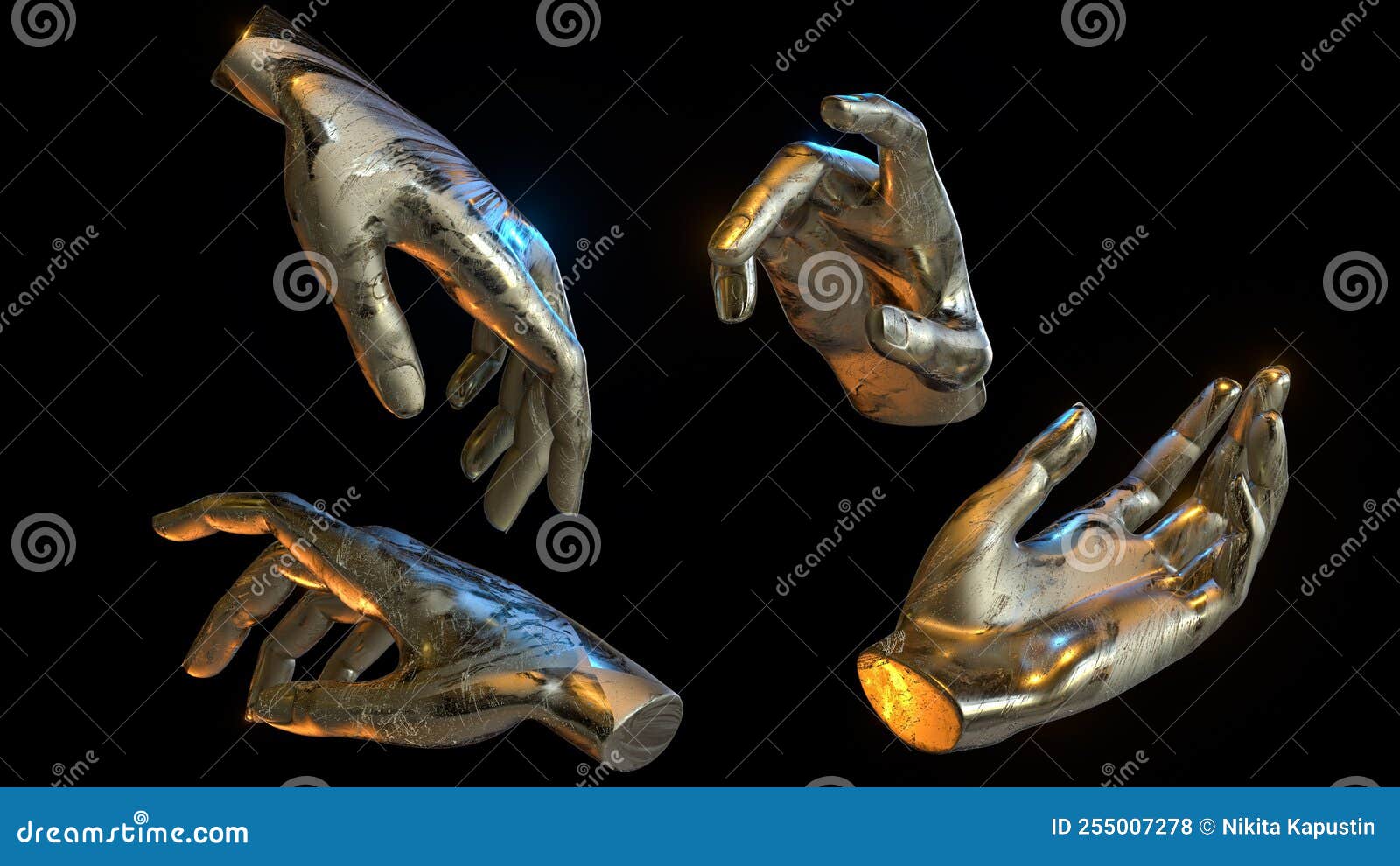 3d Render of Golden Metallic Hand Pose or Gesture from Different Angles ...