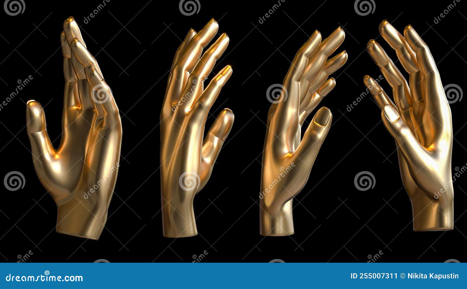 3d Render of Golden Metallic Hand Pose or Gesture from Different Angles ...