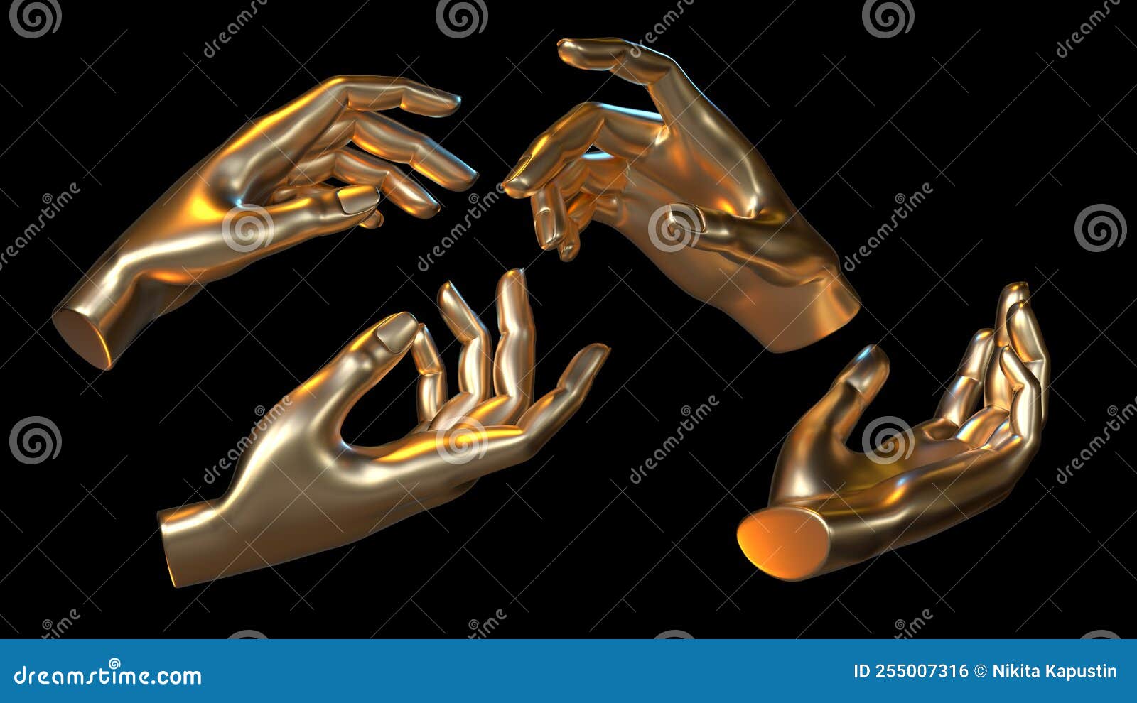 3d Render of Golden Metallic Hand Pose or Gesture from Different Angles ...