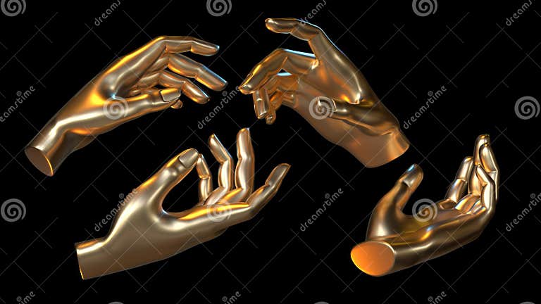 3d Render of Golden Metallic Hand Pose or Gesture from Different Angles ...