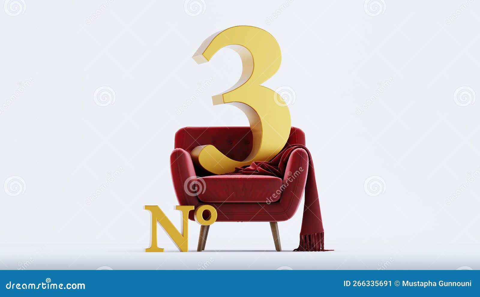 Golden Number Three on Top of Red Sofa, Number 3 Stock Illustration ...