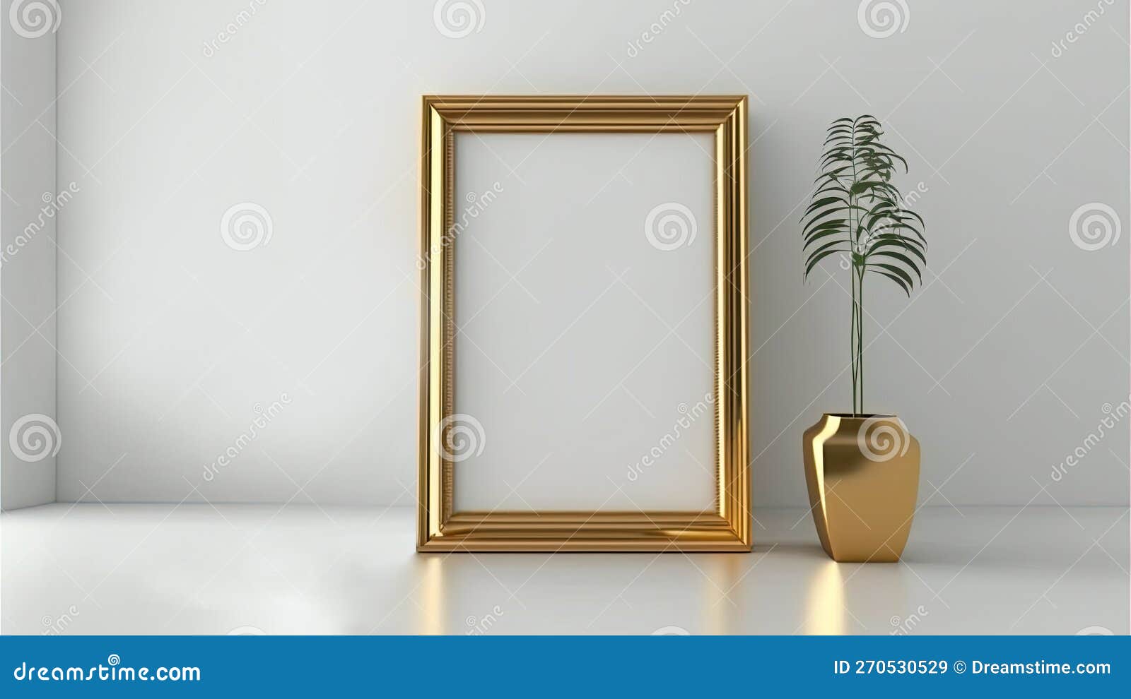 3D Render of Golden Rectangle Frame with Image Placeholder and Plant ...