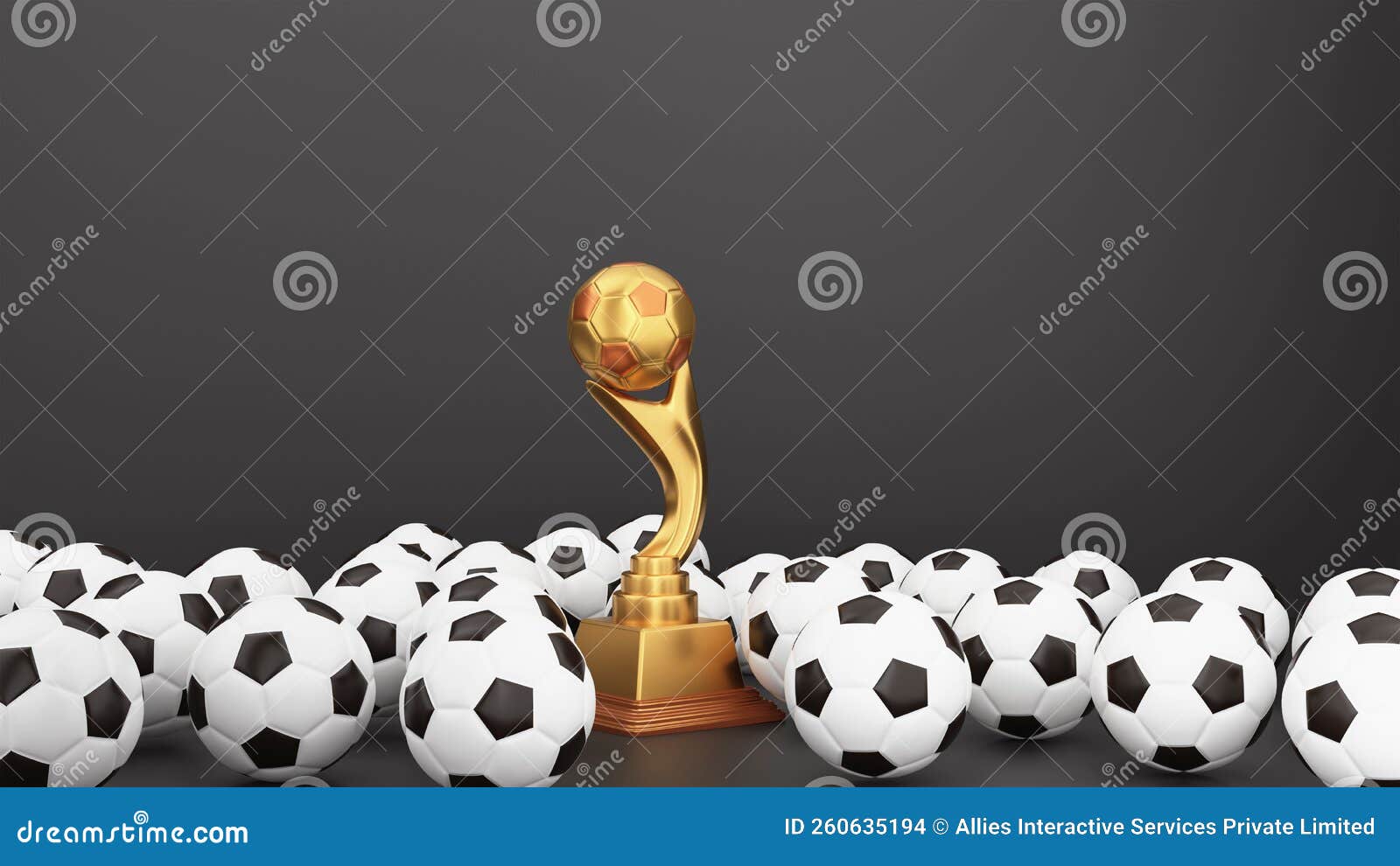 3D Render of Golden Winner Trophy Cup with Soccer Ball Stack on Black ...