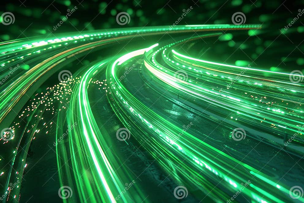 3D Render of Green Light Trails on Highway Stock Illustration ...