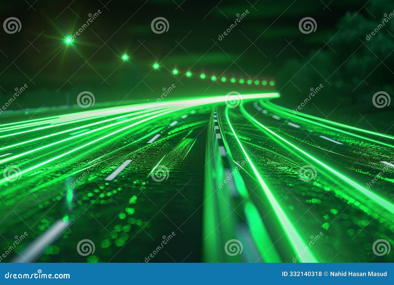 3D Render of Green Light Trails on Highway Stock Illustration ...