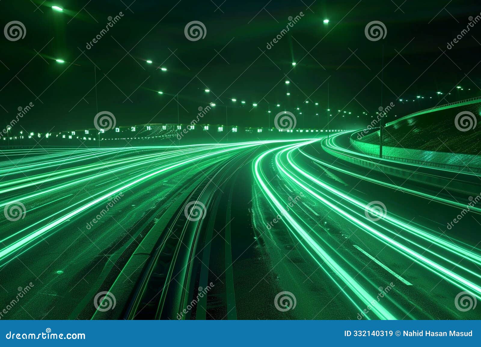 3D Render of Green Light Trails on Highway Stock Illustration ...
