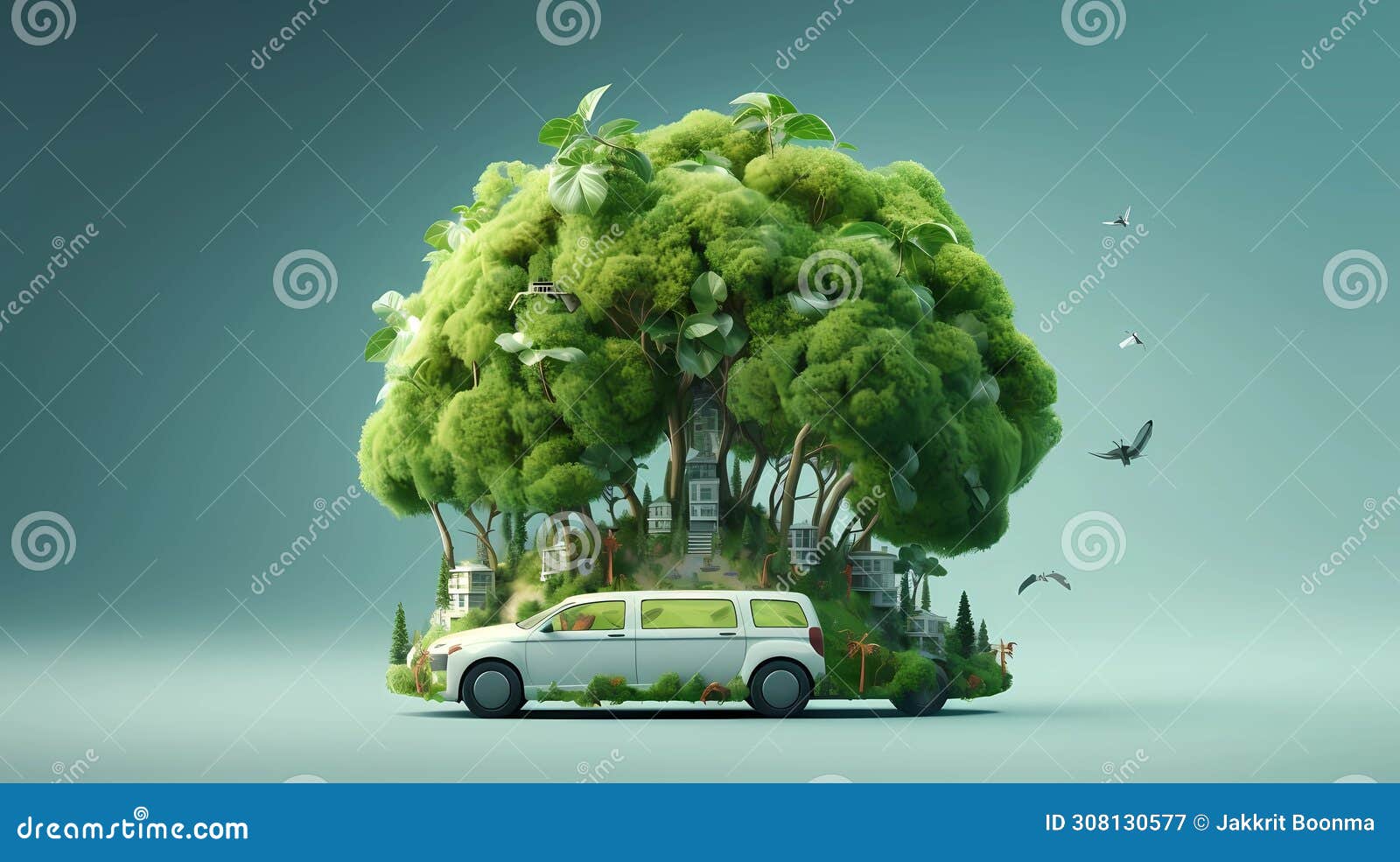 3D Render of a Green Tree with a Car in the Middle, Generative AI ...