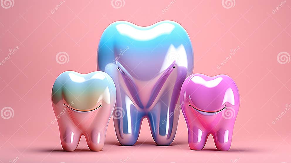 3d Render of a Group of Teeth with Smiley Faces on Pink Background ...