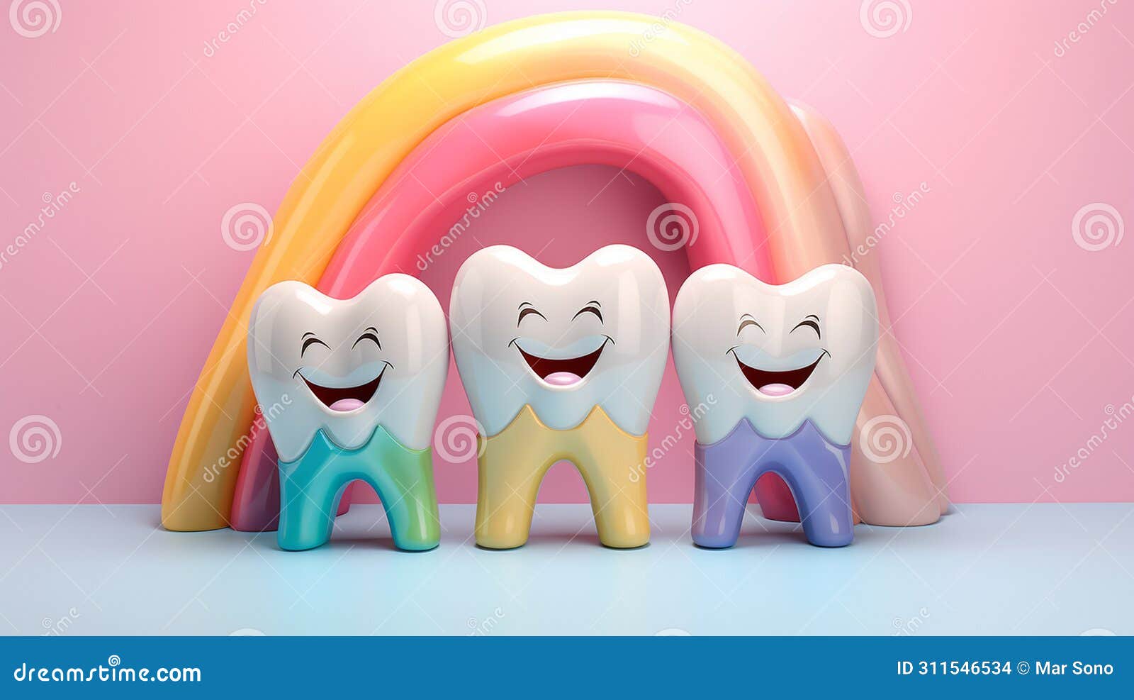 3d Render of a Group of Teeth with Smiley Faces on Pink Background ...