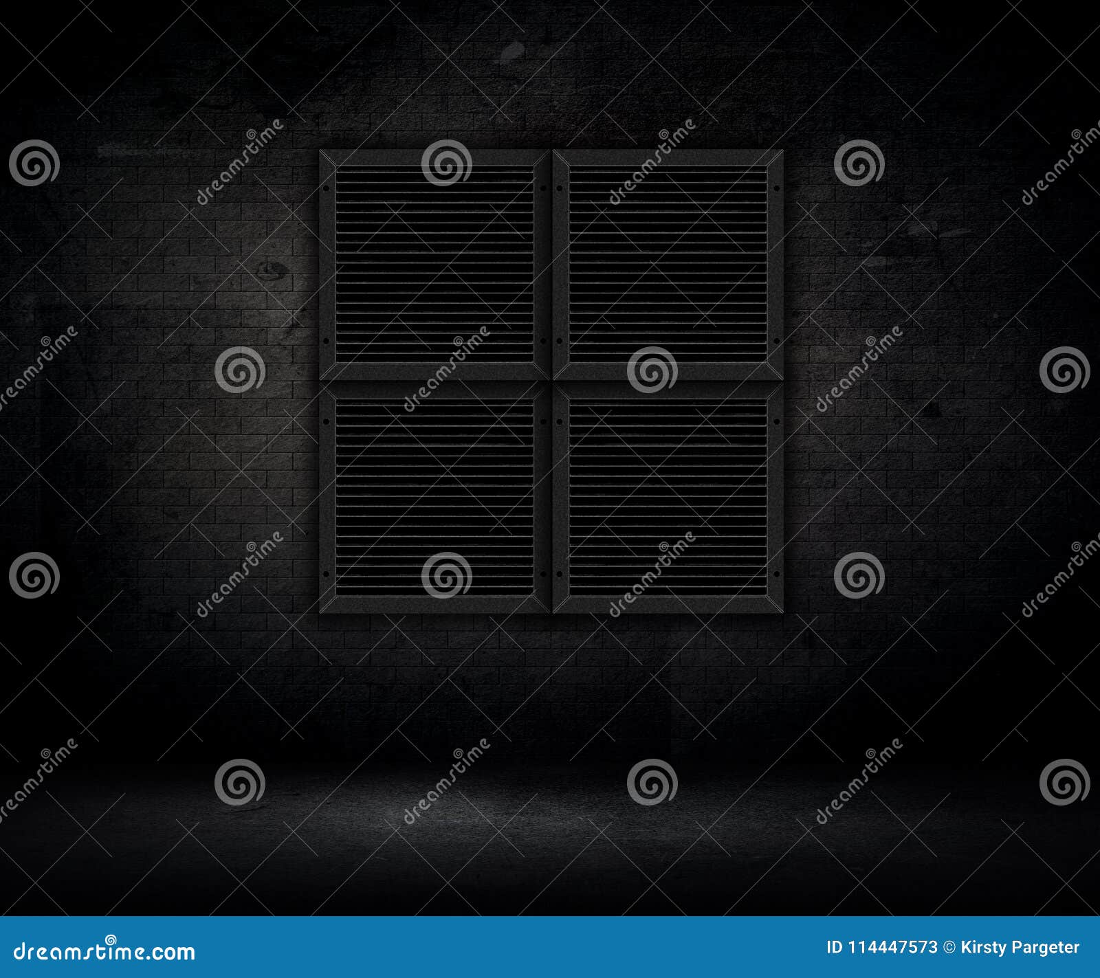 3D Grunge Interior with Metal Grates on Brick Wall Stock Illustration ...