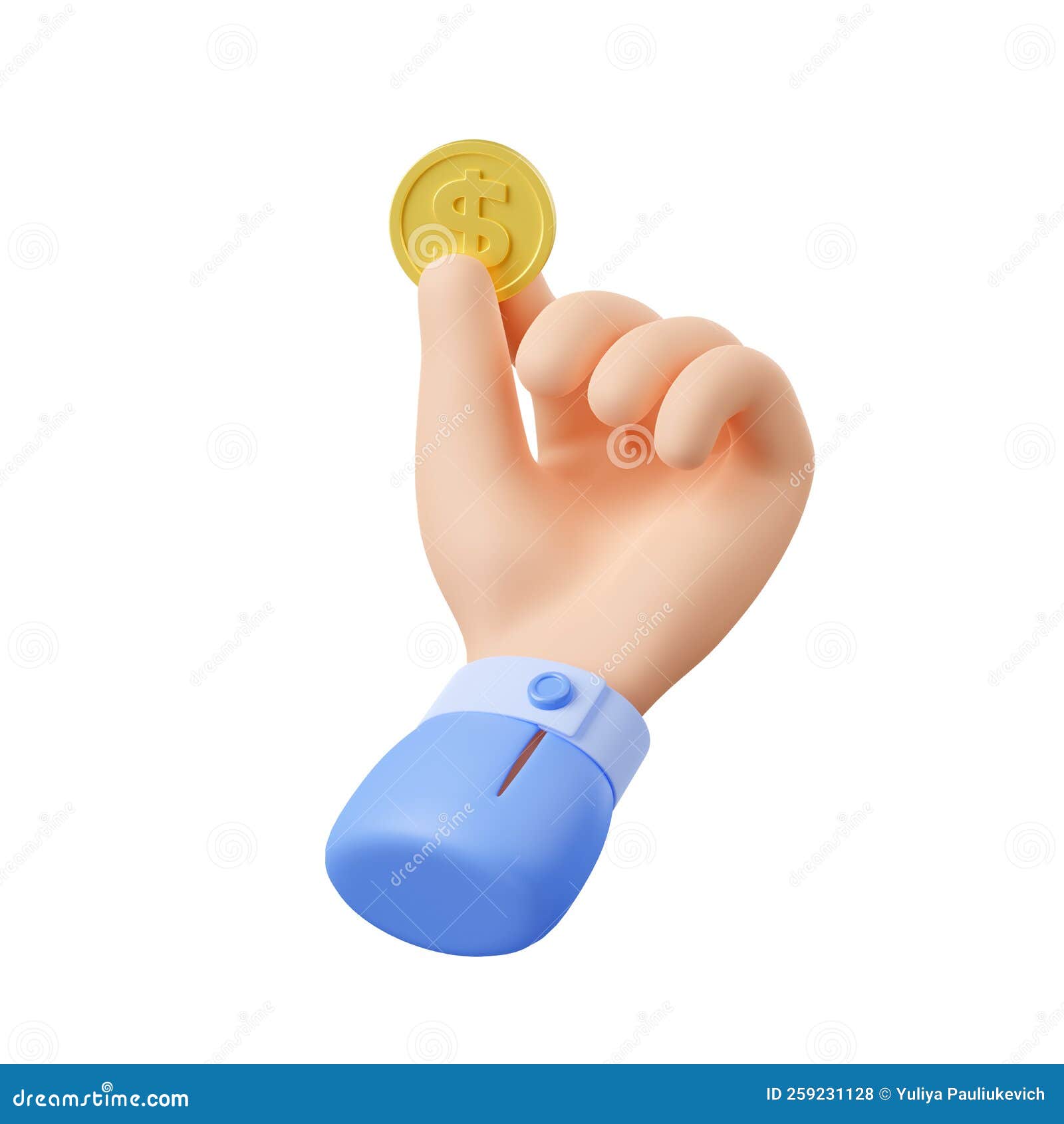 3D Render Hand with Dollar Coin Isolated on White Stock Illustration ...