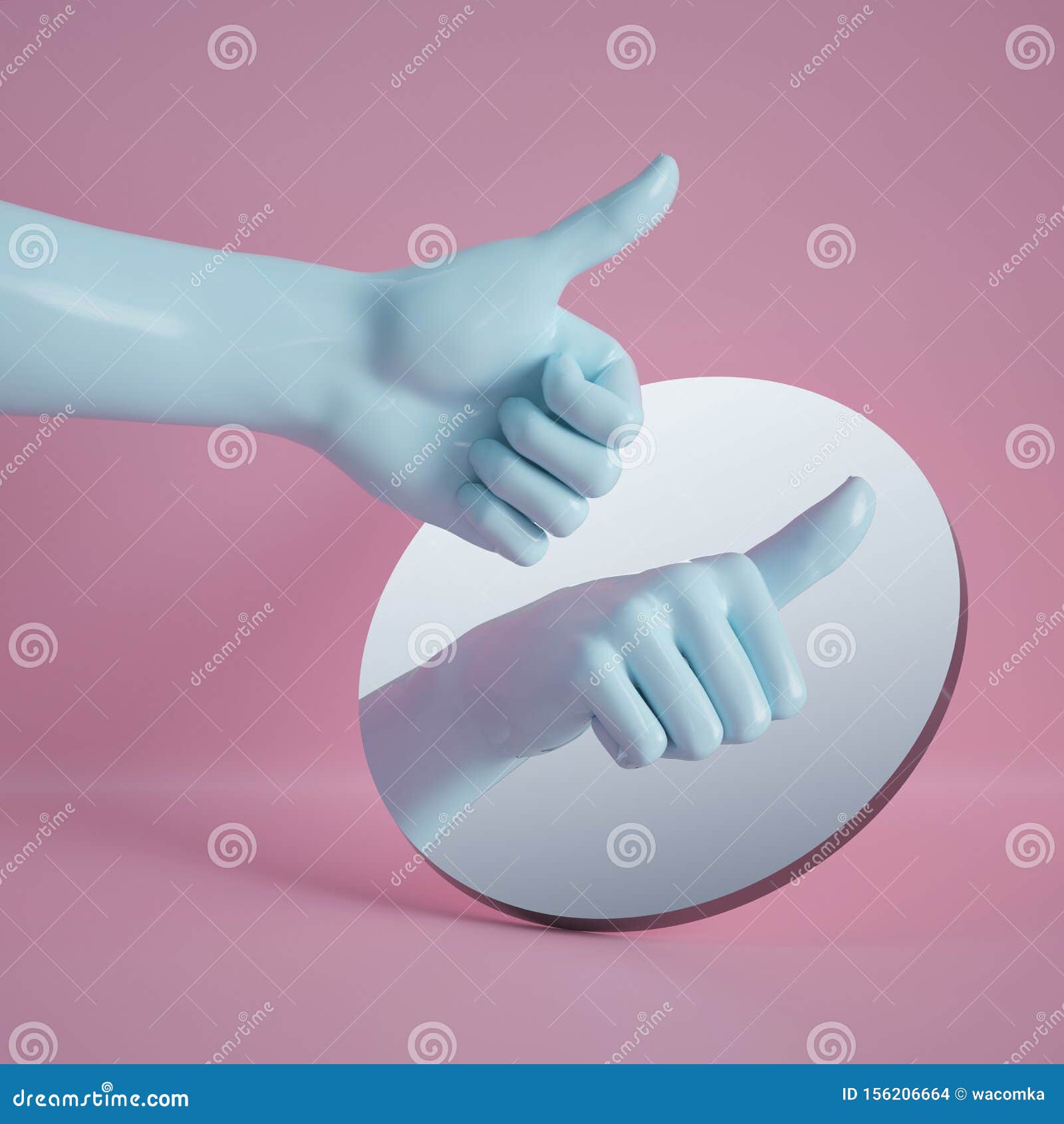 3d Render, Hand Reflection in Round Mirror Isolated on Pink Background ...