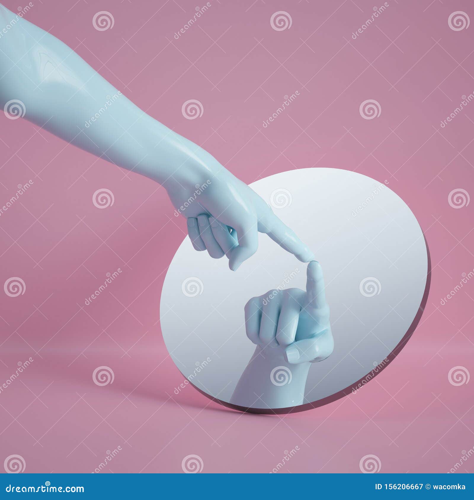 3d Render, Hand Reflection in Round Mirror Isolated on Pink Background ...