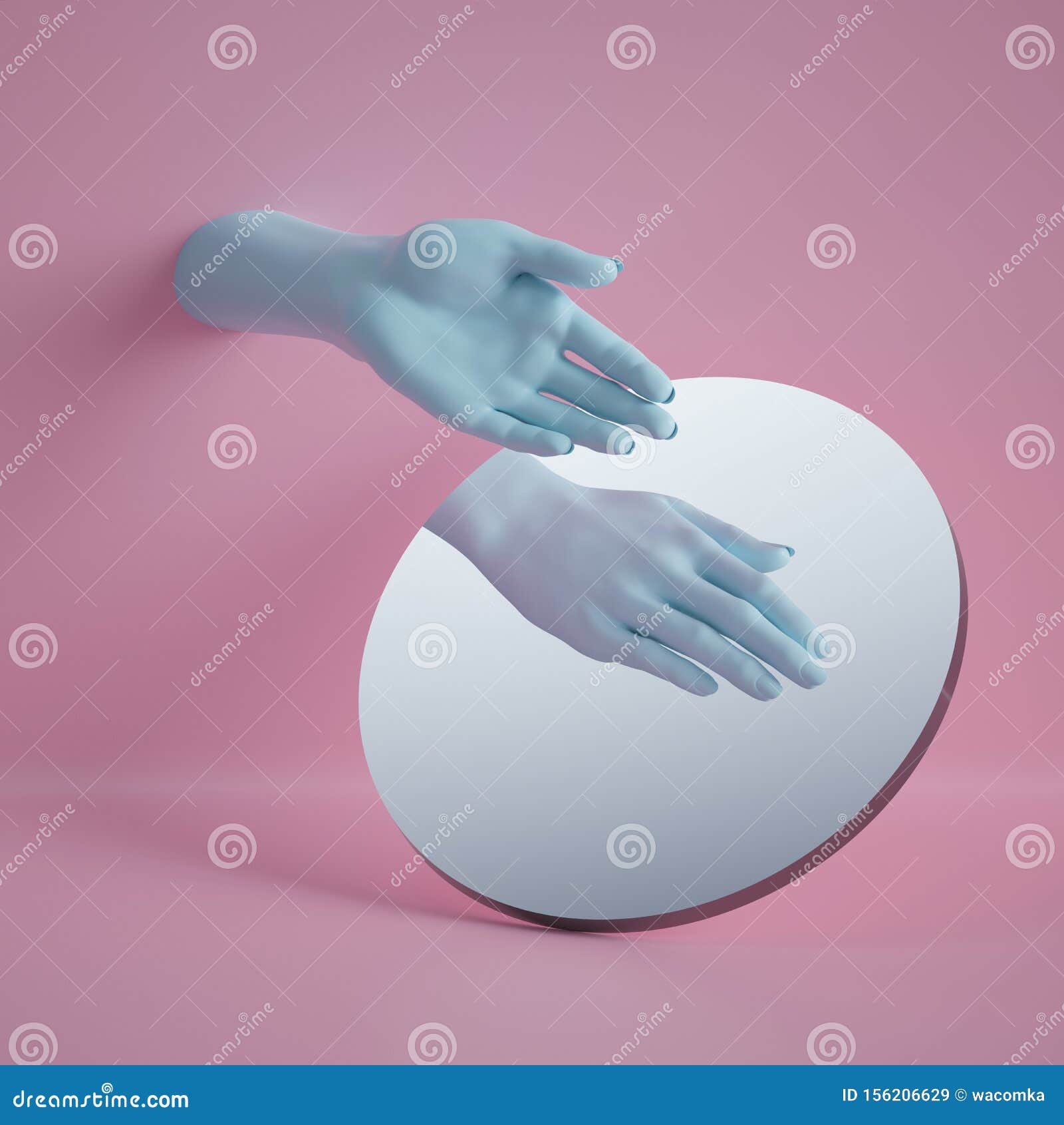 3d Render, Hand Reflection in Round Mirror Isolated on Pink Background ...